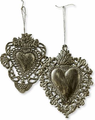 Loberon Deko-Ornament 2er Set Medes, romantische Herzform, winterliche Dekoration, Weihnachtsschmuck, Weihnachtsdeko, Weihnachten, Kunstseide, Messing