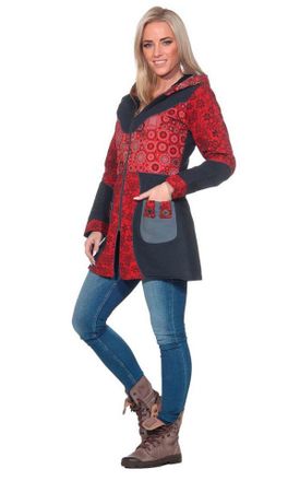 Kunst und Magie Langjacke Kunst und Magie Damenmantel + Kapuze Blumenmuster Jacke Baumwolle Boho