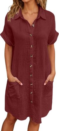 Generic pxjsdwe Strandkleid Damen luftig midi, Musselin Kleid Damen Leicht Luftig Sommerkleid Strandkleid V-Ausschnitt Knopfleiste Shirtkleid Freizeitkleid So