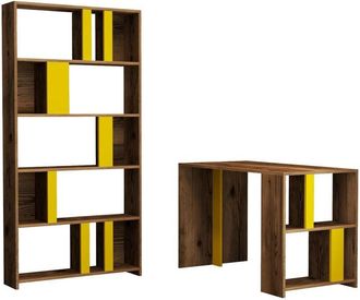 Les Tendances Ensemble bureau et bibliothèque bois noyer et jaune Kima