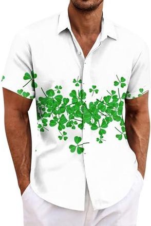 Generic Chemise de la St Patrick pour homme, t-shirt hawa&iuml;en irlandais avec tr&egrave;fle porte-bonheur, chemisier &agrave; boutons &agrave; manches courtes, haut ample d&eacute;contract