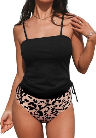 Cupshe Damen Tankini Set Camisole Geraffte Kordelzug High Waist Tankini Bademode Gerippte Textur Zweiteiliger Badeanzug Swimsuit Schwarz Leopard XL