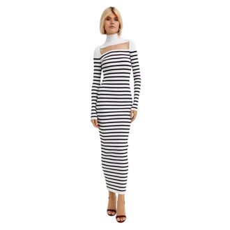 Jean Paul Gaultier Femme, Robes, Blanc, Taille: 40 FR Robe de Golf Rayée avec Détail de Col Rectangulaire