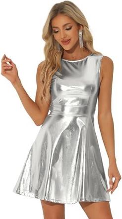 Allegra K Robe évasée holographique à Taille Haute et sans Manches métallisées pour Femmes Argent Brillant S