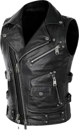 Generic Gilet de moto sans manches en similicuir avec poches zippées pour homme Noir, Noir, M