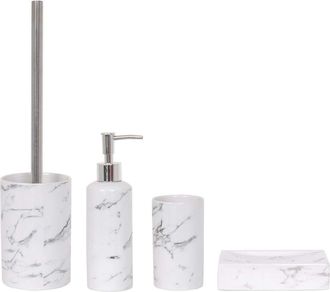 MSV Badezimmer Set, 4-teiliges Badzubehör aus Keramik Toscana Seifenspender, WC Bürste, Seifenschale und Zahnputzbecher Weiß Marmor