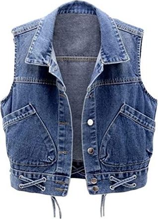 ORANDESIGNE Femme Veste en Jeans sans Manches Court Manteaux Boutons Veste en Jean avec Poches Printemps été Femme Denim Gilet Veste Sans Manches Jean Gilet Hauts