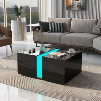 Generic Moderner Hochglanz Couchtisch mit LED-Beleuchtung, verstellbare Helligkeit, versenkbares verstecktes Fach, schwarz, 73 x 60 x 34 cm, ideal für Wohnzim