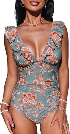 Cupshe Maillot de bain une pi&egrave;ce &agrave; volants, d&eacute;collet&eacute; en V et lacets pour femme, XX-Large