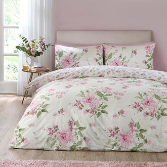 Catherine Lansfield Avebury Wende-Bettw&auml;sche-Set mit Kissenbez&uuml;gen, Blumenmuster, f&uuml;r Super-Kingsize-Bett, cremefarben