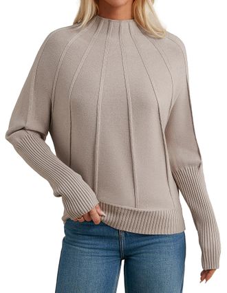 Grace Karin Pullover Damen Rollkragen Strickware Raglan&auml;rmel Weich Elastisch Gerippte Jumper Beige XL