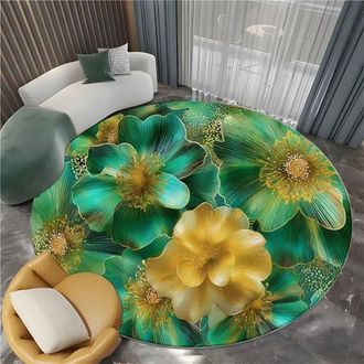 Generic Vert Olive Contemporain Tapis Rond Salon, Minimaliste Luxueux Floral Impression Tapis de Sol D&eacute;coration Antid&eacute;rapant pour Chambre Cuisine Balcon Terra