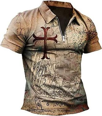 Keephen Chevaliers Templiers T-Shirts imprimés en 3D Hauts à Manches Courtes pour Hommes Polo Zip Revers Cou Tee Hauts décontractés