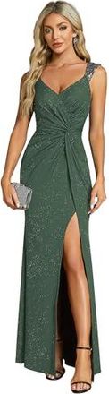Ever-pretty Robe de Soir&eacute;e Femme Longue Moulante Fendu Col V Plis Bandouli&egrave;re &agrave; Sequins Haute &Eacute;lasticit&eacute; Vert Eucalyptus 40