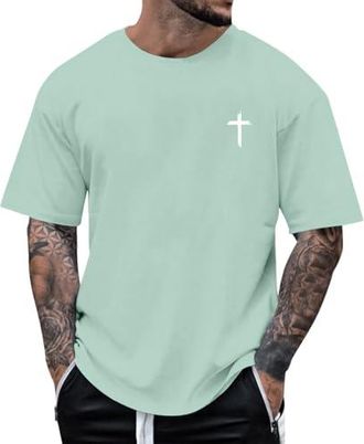 Generic Chemises chrétiennes pour homme - Imprimé croix classique - Col rond - Manches courtes - T-shirt dété ample - Pour le sport, la course à pied, la gym,