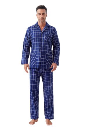 Global Herren Schlafanz&uuml;ge Flanell Herren Pyjama Set Baumwolle Langarm-Pullover Oberteil und elastische Unterteile mit Kordelzug Weich Bequem Blau XXL
