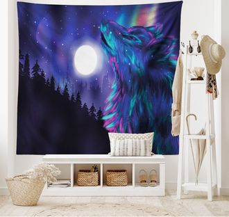 Abakuhaus Mond Wandteppich und Tagesdecke, Aurora Borealis und Wolf aus Weiches Mikrofaser Stoff Waschbar ohne Verblassen Digitaldruck, 230 x 140 cm, Indigo Aqu