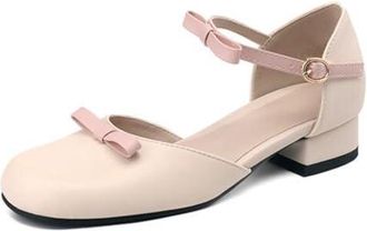 Generic Escarpins Mary Jane Rétro pour Femme Bout Carré Dessus en Similicuir Bride Cheville avec Noeud Et Boucle Talons Blocs Bas À Enfiler Chaussures Décontr