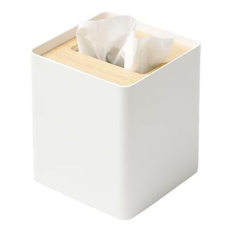 Yamazaki Tableware Yamazaki 5180 RIN Tissue Case Square, White, Steel/Wood, 13 x 13 x 15.5 cm