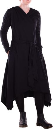 vishes Langer asymmetrischer Baumwoll-&Uuml;berwurf mit Kapuze, Taschen, Daumenl&ouml;chern und G&uuml;rtel - Alternative Bekleidung schwarz 48-50