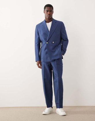 Asos Zweireihige Regular-Fit-Anzugjacke aus Leinenmix in Blau gestreift
