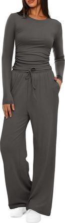 OLIPHEE 2 Teiler Set Damen Sommer Outfit Elegant Lounge Set Damen Langarm Oberteil Slim Fit und Hose Yoga Trainingsanzug Gym Hosenanzug Herbst Tracksuit Fraue