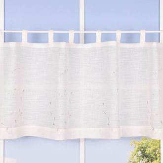 Sch&ouml;ner Leben Bio Schlaufenbistro Scheibengardine aus Bio Baumwolle Bl&auml;tterstickerei Leinenstruktur transparent wollwei&szlig; grau 150x50cm