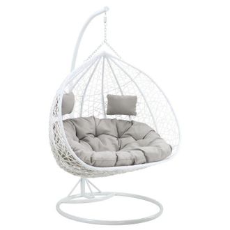 Vente-Unique Fauteuil suspendu 2 places en r&eacute;sine tress&eacute;e - Blanc avec coussins gris - CAYAMBE de MYLIA