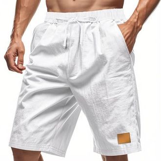 Generic Short d&eacute;t&eacute; en coton et lin pour homme, taille &eacute;lastique, multi-poches, uni, confortable, respirant, longueur genou, tendance, r&eacute;tro, respirant, blanc,