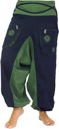 Guru Shop Guru-Boutique, Pantalon Harem Pantalon Pluderhose Pumphose Pantalon Aladdin Spirale, Noir/Vert, Coton, Size:M (40), Pantalon Pluderhosen et Aladin