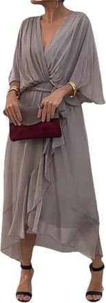 Generic Robe longue élégante et élégante à col en V, robe fluide en mousseline de soie, robe de soirée maxi pour lété, robe dinvitée de mariage pour femme, gr