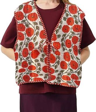 Generic Vestes pour femmes 2026 &agrave; rayures florales avec crochet et boucle &agrave; col en V, Rouge, M