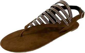 Generic Tongs pour femme avec strass - Sandales en cuir de couleur unie avec barre en T - Sandales romaines plates avec sangle de cheville - Chaussures de mar