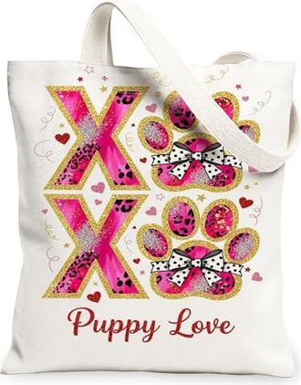 Generic Sacs fourre-tout en toile avec motif animal mignon, sacs d&eacute;picerie r&eacute;utilisables, pour la Saint-Valentin, motif floral, l&eacute;ger, lavable, blanc, 13x15 I