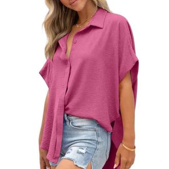 Generic Normaltly Chemise de couleur unie, chemise d&eacute;contract&eacute;e &agrave; manches courtes pour femme, ourlet fendu, haut de couleur unie, v&ecirc;tements tendance &agrave; col en 