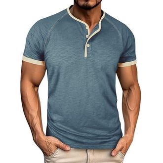 Generic DENGJIAMY Chemise Henley &agrave; manches courtes pour homme - T-shirt d&eacute;t&eacute; classique basique pour homme - V&ecirc;tements d&eacute;contract&eacute;s - Col en V boutonn&eacute;, bleu, 