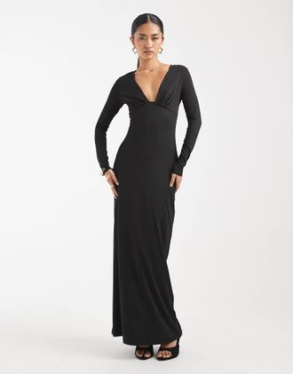 4th & Reckless Robe longue &agrave; taille basse avec d&eacute;collet&eacute; plongeant et manches longues - Noir