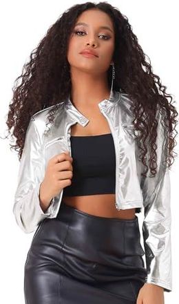 Allegra K Veste Courte M&eacute;tallique Femme &agrave; Col Montant et Manches Longues Manteau Court Zipp&eacute; Club Blouson de Motard &agrave; Paillette Costume dHalloween Argent XS