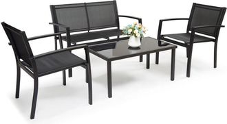 IntimaTe WM Heart Salon de jardin ensemble de salon de jardin ext&eacute;rieur meuble de jardin 4 pi&egrave;ces 3 chaises et 1 table en verre tremp&eacute; pour jardin balcon noir Mondeer