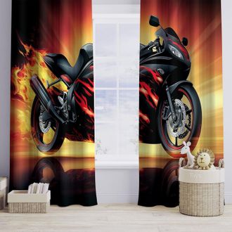 Generic Bedruckte Vorhänge Motorrad-Nahaufnahme Muster Blickdicht Vorhang Schwarz Gelb mit Ösen Gardinen Deko Ösenvorhang Dekoschal Dekogardinen für Schlafzim