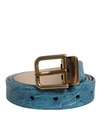 Dolce & Gabbana Mens Blue Leather Classic Gold Metal Buckle Belt Caimano