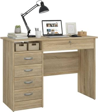 Dmora Bureau Amor, 4 tiroirs, Structure en bois m&eacute;lamin&eacute;, 48.5x109.3x75.6h cm Ch&ecirc;ne marron