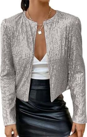 TOMWELL Femmes Mode Col Montant Paillettes Manteau Court Casual Manches Longues Manteau Slim Fit Veste De Costume Couleur Unie Jacket Cardigan Clubwear A Arge