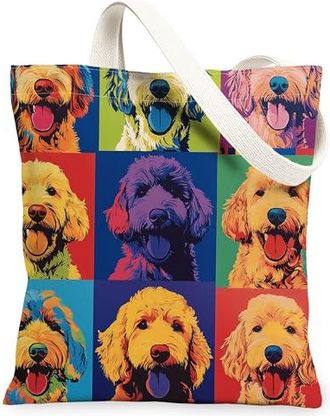 Generic Sac fourre-tout en toile Pop Art motif chien gribouillage dor&eacute; 33 x 38,1 cm, sac d&eacute;picerie r&eacute;utilisable pour femme, peinture esth&eacute;tique pour animal do