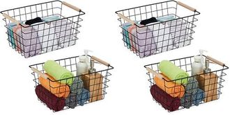 Relaxdays Drahtkorb, 2er Set, Metall, Holzgriffe, HxBxT 16 x 31 x 21 cm, eckiger Aufbewahrungskorb, Bad & K&uuml;che, schwarz (Packung mit 2)