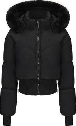 Generic Veste &agrave; capuche avec bordure en fausse fourrure pour femme - Chaud et matelass&eacute; - Manteau dhiver court l&eacute;ger, Noir, XXL