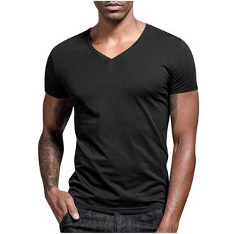 Generic T-shirt &agrave; col en V extensible pour homme, couleur unie, tendance, l&eacute;ger, confortable, classique, respirant, haut de sport, gym, plein air, 01 Noir, 4X