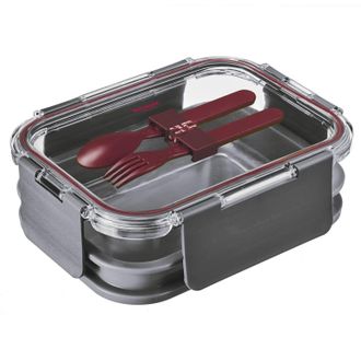 Westmark Lunch Box, F&uuml;llvolumen: 1740 ml, Zwei Etagen, Mit Besteck, 4 sichere Klick-Verschl&uuml;sse, Glas/Silikon/Kunststoff, Comfort, Transparent/Anthrazit/Rot, 2