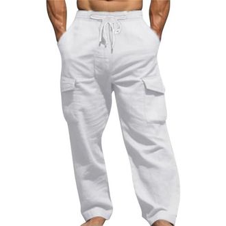 Generic Pantalon baggy en coton et lin pour homme, couleur unie, multi-poches, tube droit, couleur unie, confortable, respirant, pantalon classique, blanc, 5X
