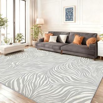 Generic Gris Clair Tapis pour Salon 120 x 170 cm, Lavables avec Dos Antid&eacute;rapant, Tapis &agrave; Poils Courts Imprim&eacute; Abstrait Animaux Rayures De Z&egrave;bre pour Cuisine 